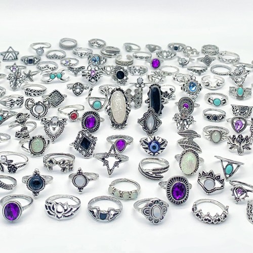 Bulk Lots 50 Antique Silver Bohemia Vintage Rings Mix Women Stone Retro ...