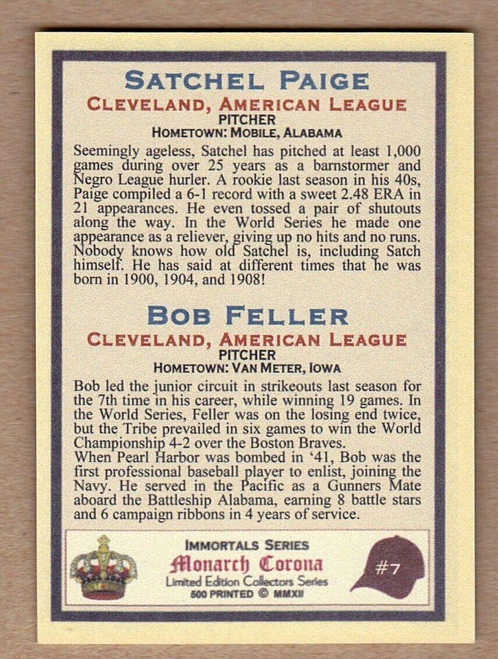 Bob Feller & Satchel Paige / MC Immortals #7 / FREE SHIP / NM+ | eBay