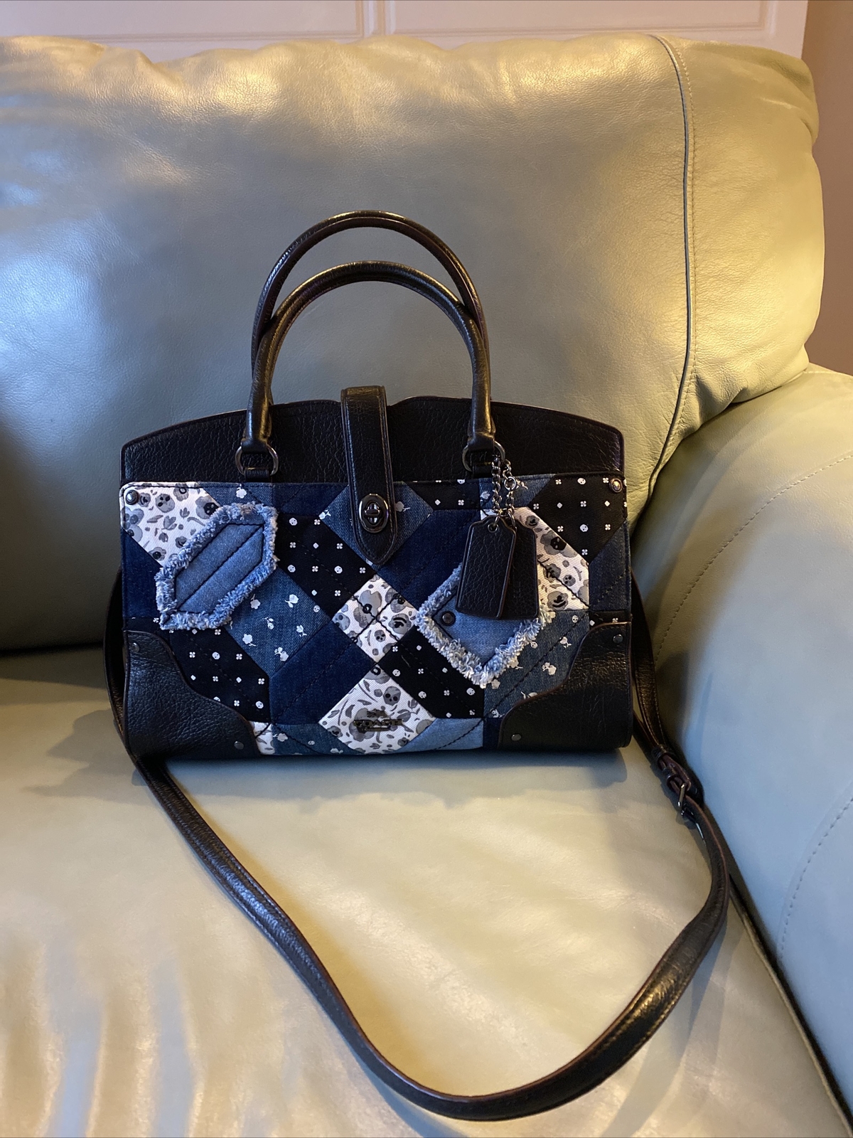 Coach Mercer Multicolor Denim Black Leather Handbag S… - Gem
