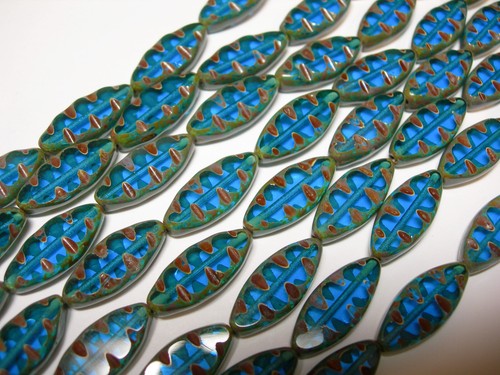 8 16x7mm Czech Glass Capri Blue Picasso Notched Spindle Marquise Window ...