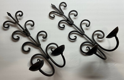 Vintage Aged Wrought Iron Dual Candle Holder Wall Sconce Hanging Lot Of ...