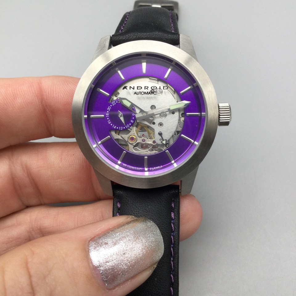 Android Automatic Skeleton Watch Men 37mm Purple Dial 21 Jewels Leather ...