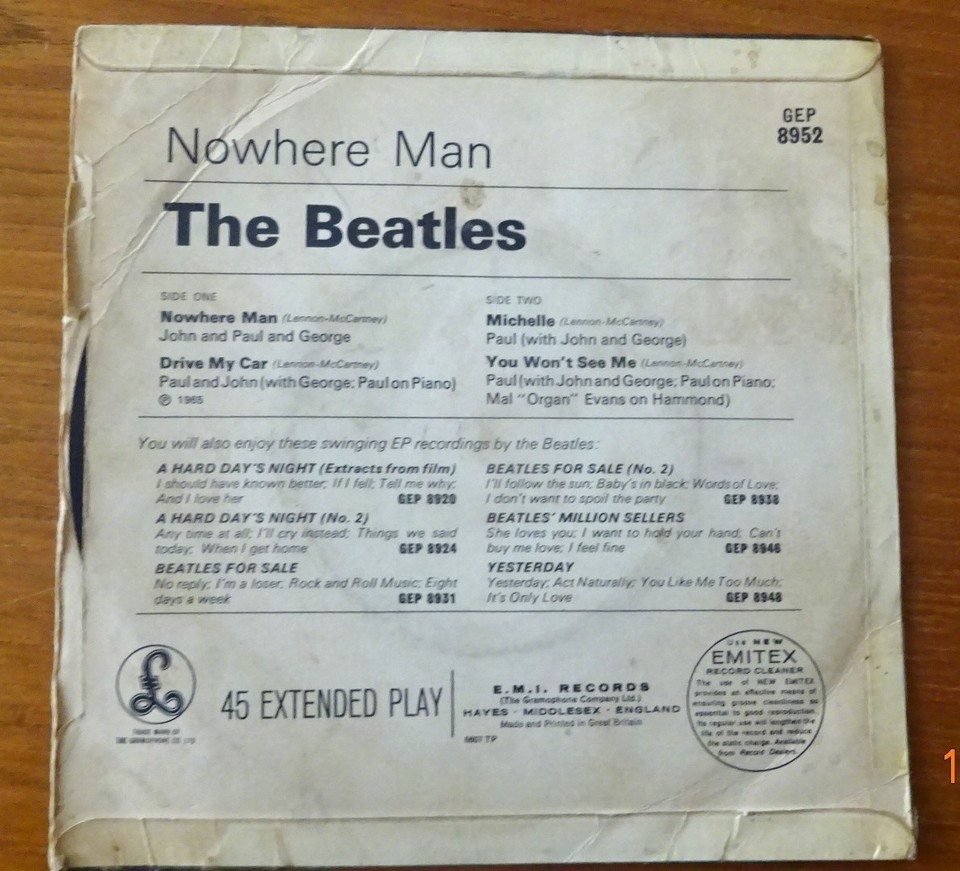 THE BEATLES-NOWHERE MAN-4 TRACK-- 7" VINYL-EP-YELLOW PARLOPHONE-EX/VG ...