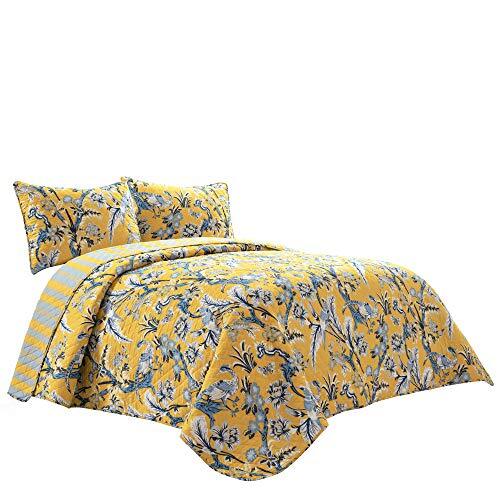 Dolores Reversible Cotton Quilt Set 3 Piece Set King Yellow & Blue ...