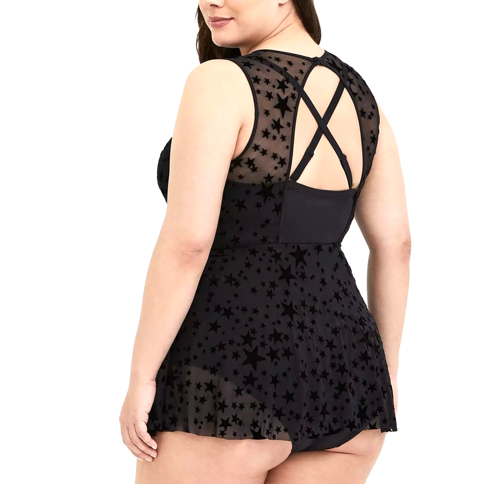 Torrid Size 1 Bra Cup D/DD Star Underwire Short Mesh Overlay Swim Dress ...