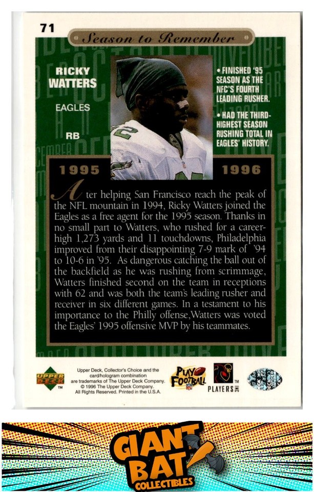 1996 Collector's Choice Season to Remember Blow-ups #71 Ricky Watters ...