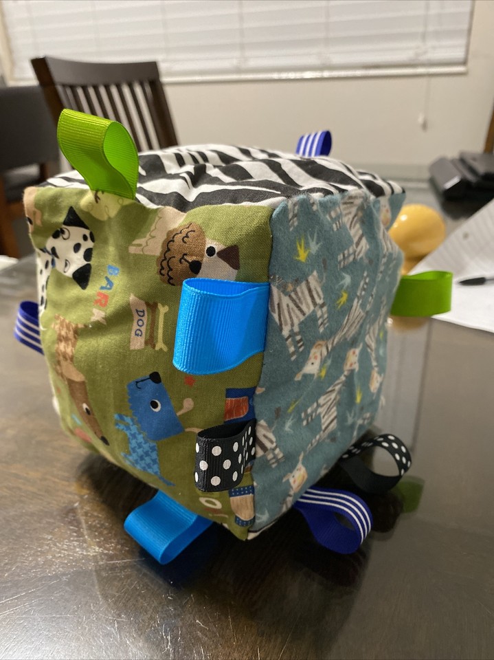 Handmade 6" cloth tag cube, baby, Green/Blue, Dogs, Zebras | eBay