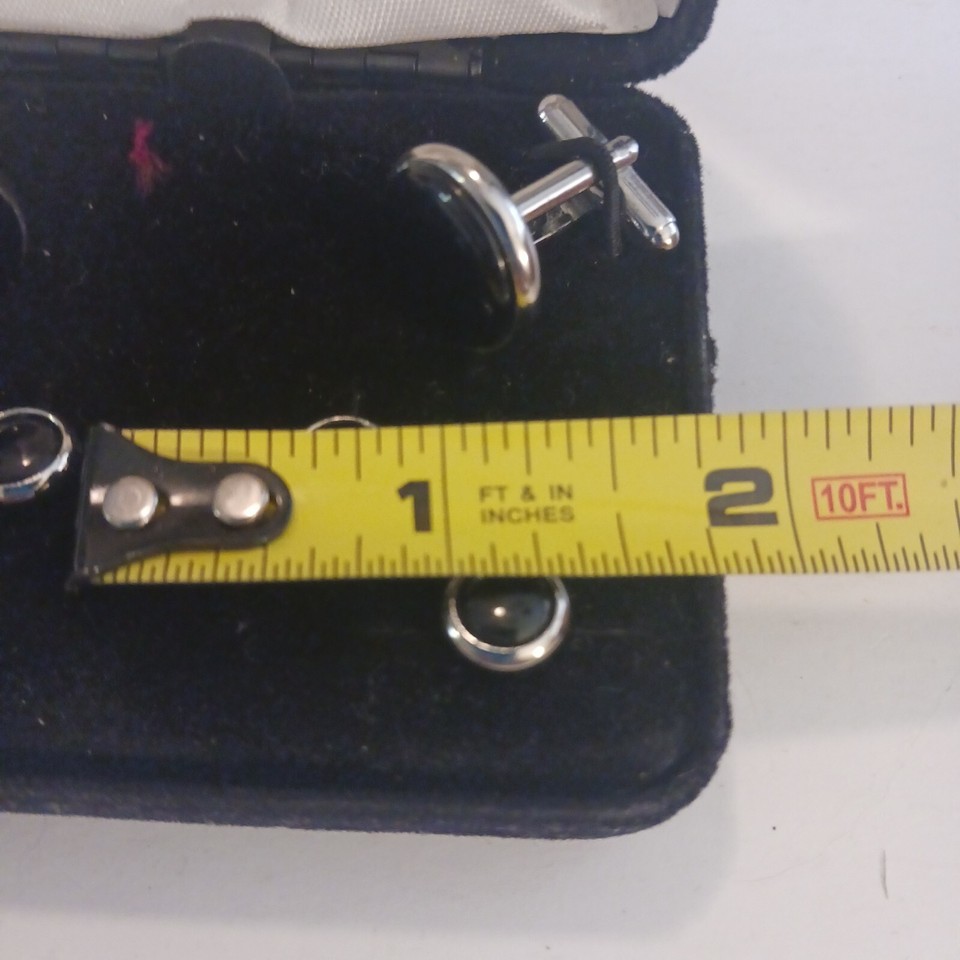 VINTAGE STAINLESS STEEL ART DECO BLACK ONYX CUFFLINK BUTTON SET BY ...