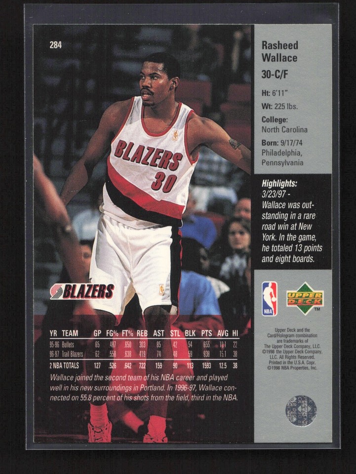 1997-98 Upper Deck Game Dated Rasheed Wallace #284 Portland Trail Blazers | eBay