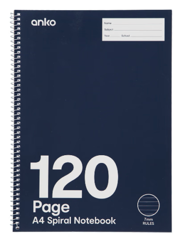 120 Pages A4 Spiral Notebook School Office Note Book 7mm Ruled Pages 58 ...