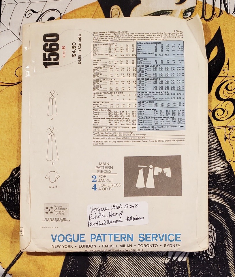 Vintage Sewing Pattern Vogue 1560 American Designer 1970s Edith Head ...