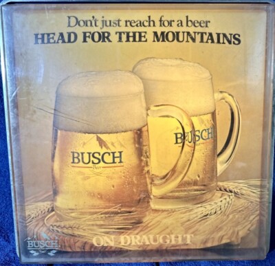 VINTAGE BUSCH BEER HEAD FOR THE MOUNTAINS LIGHTED SIGN 16"X16" | eBay