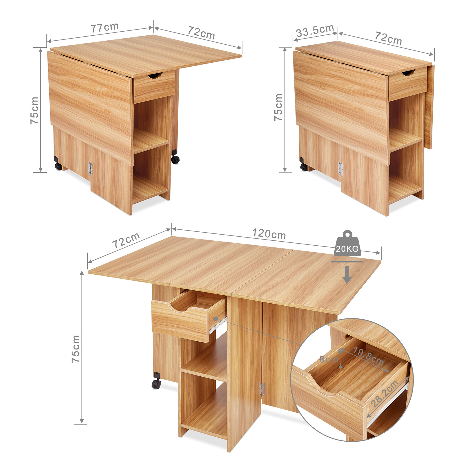 Mondeer Oak Folding Dining Table Rolling Drop Leaf with Drawer & 2 Open ...