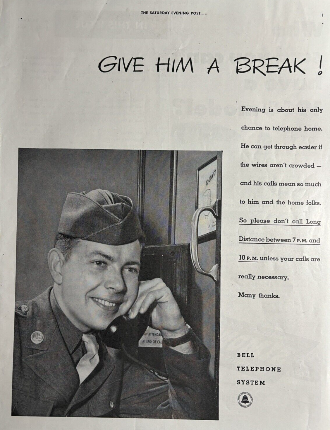 1942 Bell Telephone System Soldier Call WWII Long Distance Vintage ...