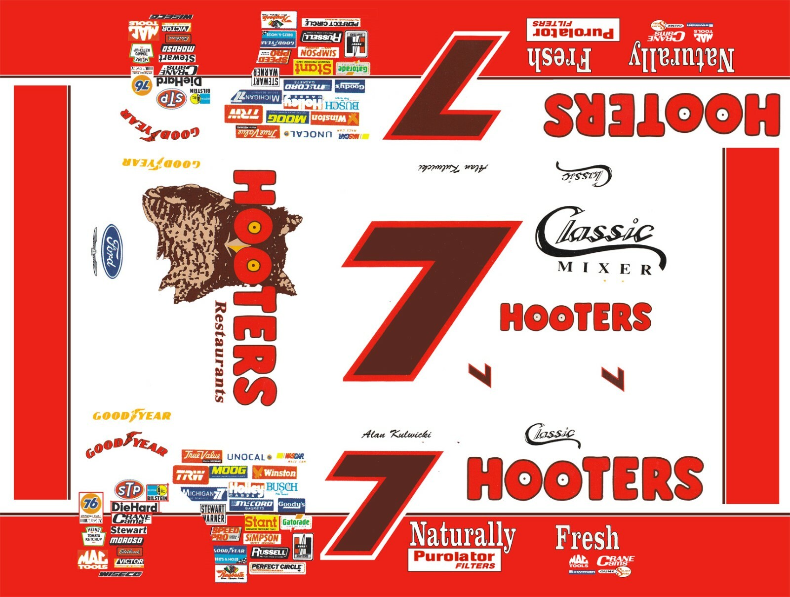 #7 Alan Kulwicki Hooters Thunderbird 1/64th HO Scale Slot Car Decals | eBay