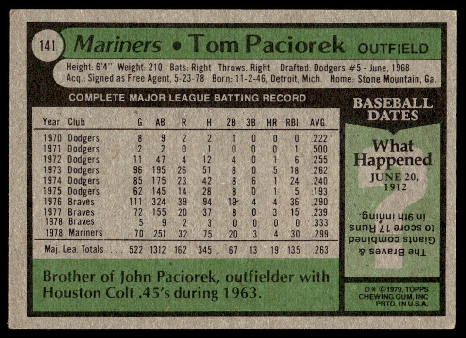 1979 Topps 141 Tom Paciorek Seattle Mariners Baseball Card | eBay