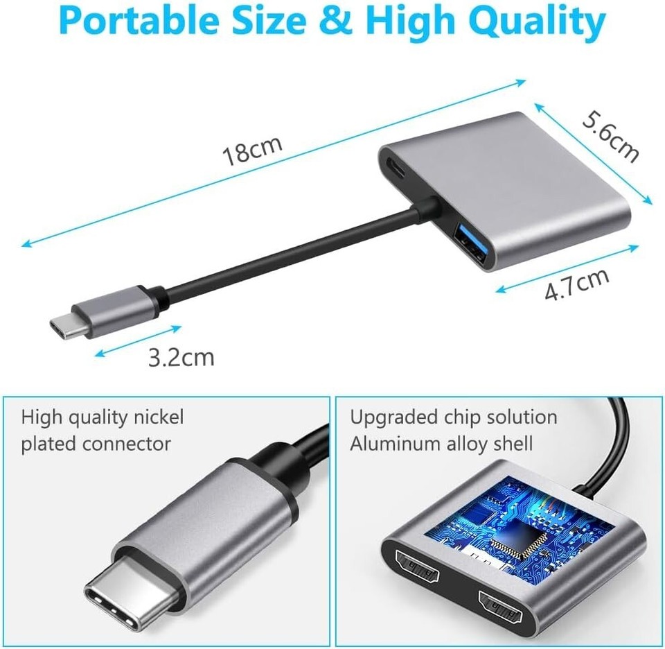 USB C HUB 4in1 auf 2X HDMI (4K30Hz) 1x USB 3.0 1x Typ C PD Charge 100W ...
