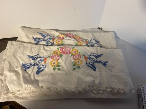 Vintage Embroidered Pillowcases Flower Blue Bird Pair | eBay