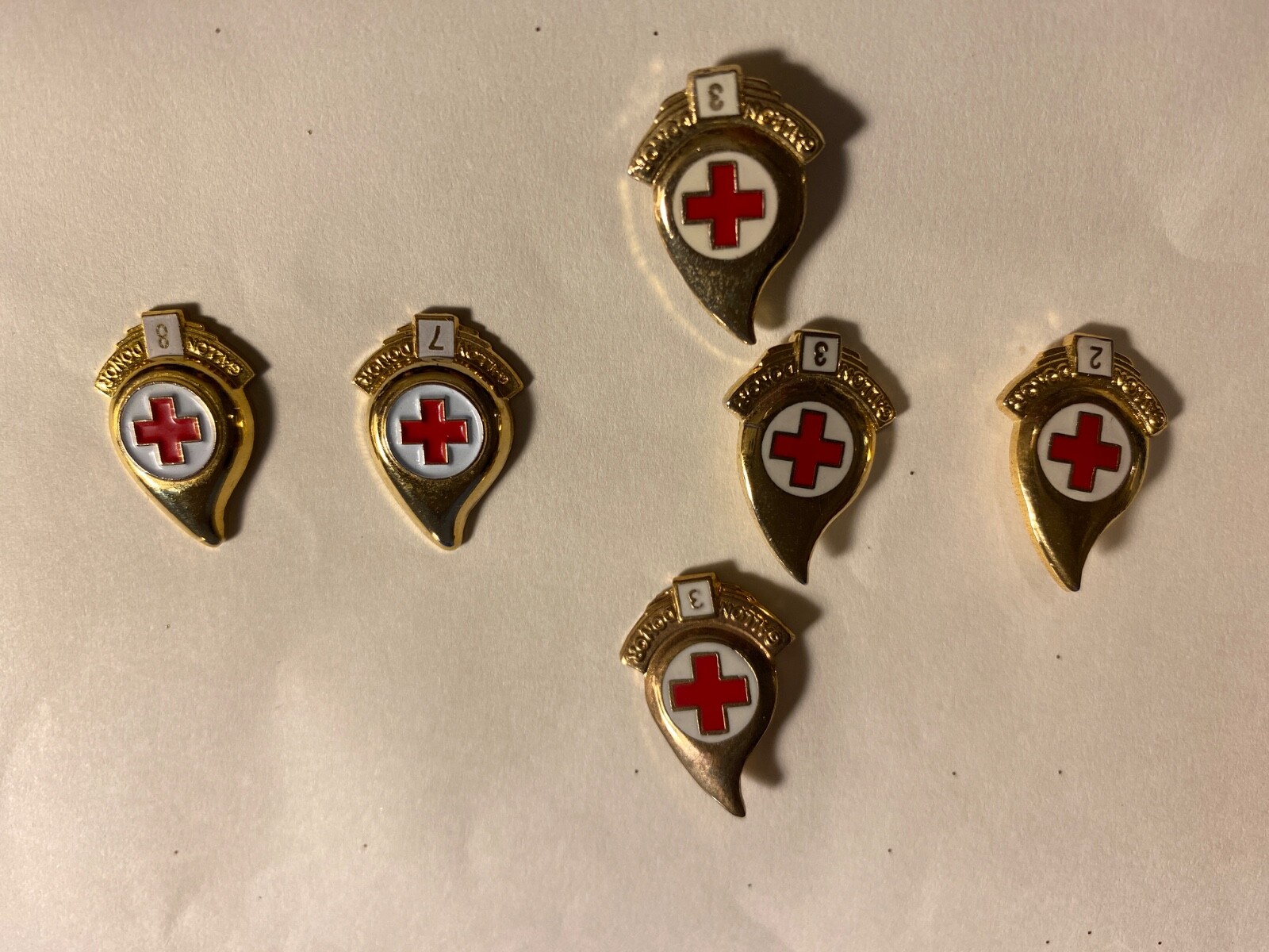 Lot of 6 pieces, AMERICAN RED CROSS BLOOD DONOR PINS 2,3,7,8, lapel/tie ...