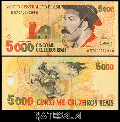 BRAZIL BRASIL 5000 5,000 CRUZEIROS REAIS ND(1993) Pick-241 Gaucho AUNC ...