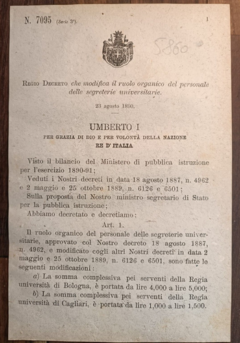 Italy 1890 Royal Decree X Role Organic Secretarial UNIVERSITARIE-5860 ...