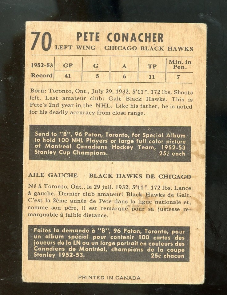 Pete Conacher 1953-54 Parkhurst #70 hockey card AB-9584 | eBay