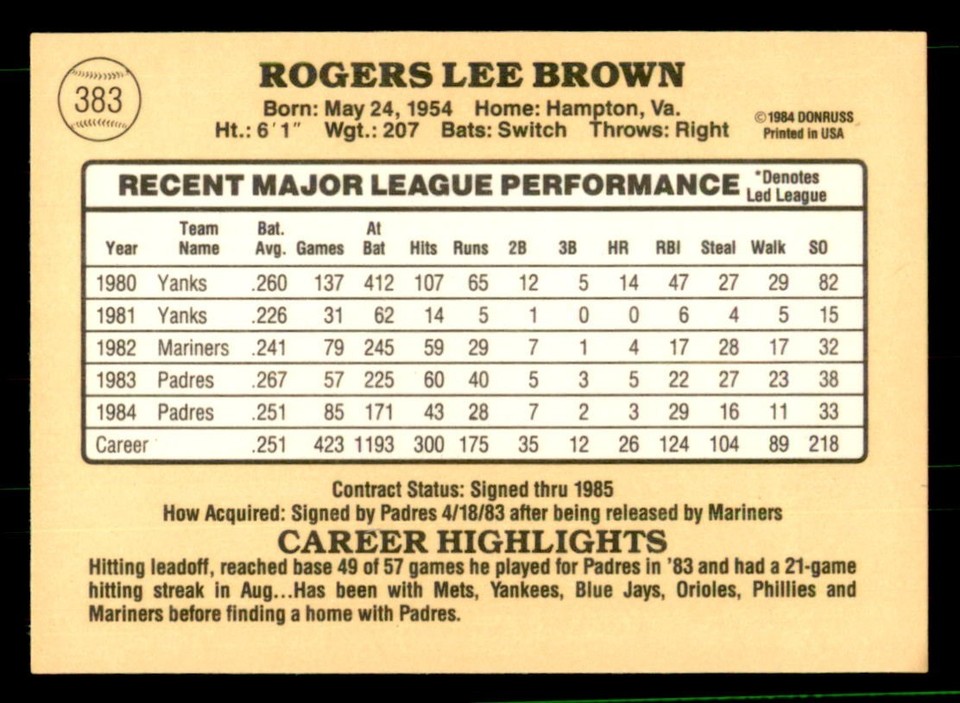 1985 Donruss Baseball Set Break #383 Bobby Brown Padres | eBay