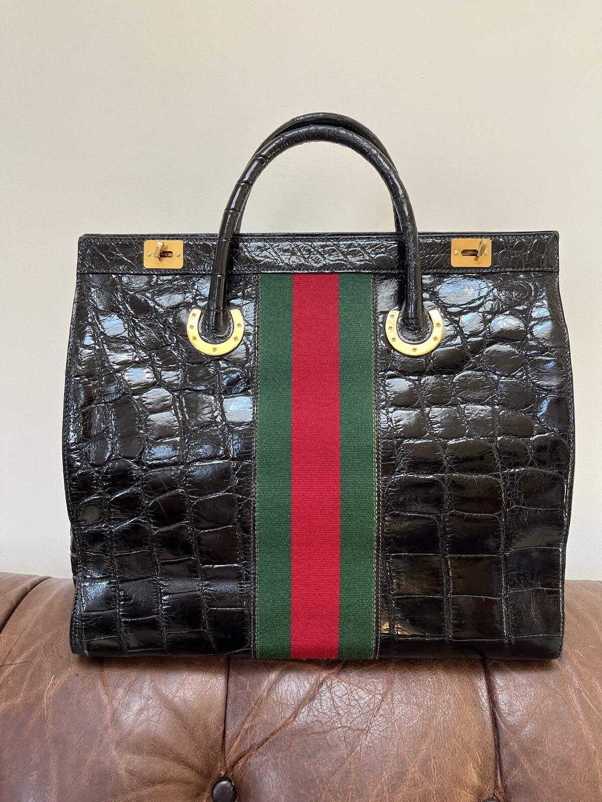 Gucci Vintage 60s Black Crocodile Alligator Leather T… - Gem