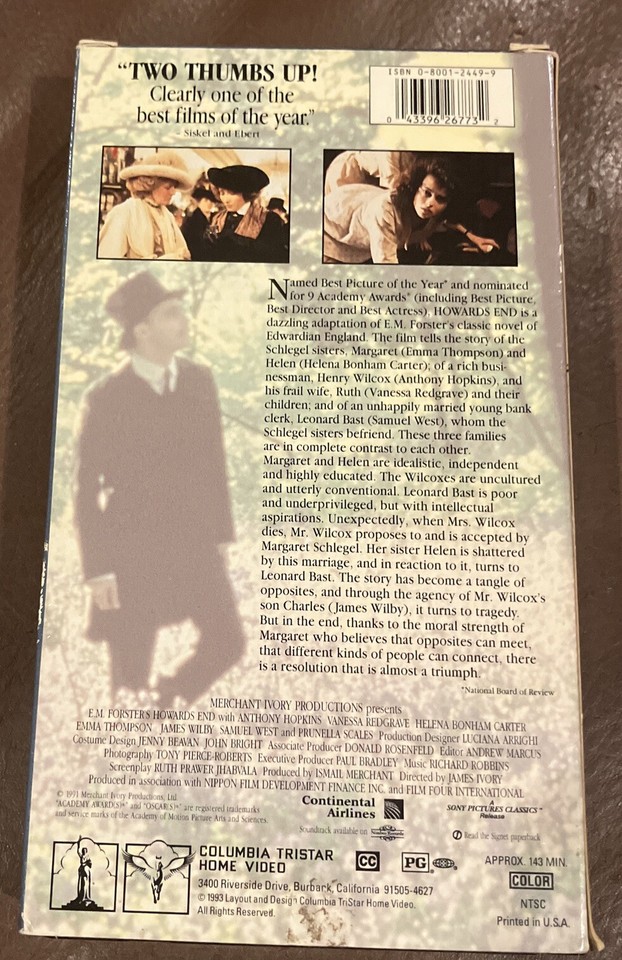 Howards End VHS 1993 Anthony Hopkins-Vanessa Redgrave-Emma Thompson ...