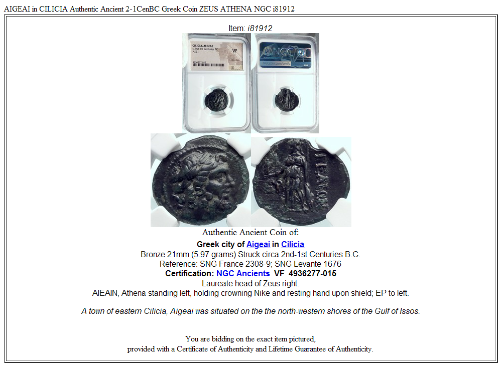 AIGEAI in CILICIA Authentic Ancient 2-1CenBC Greek Coin ZEUS ATHENA NGC ...