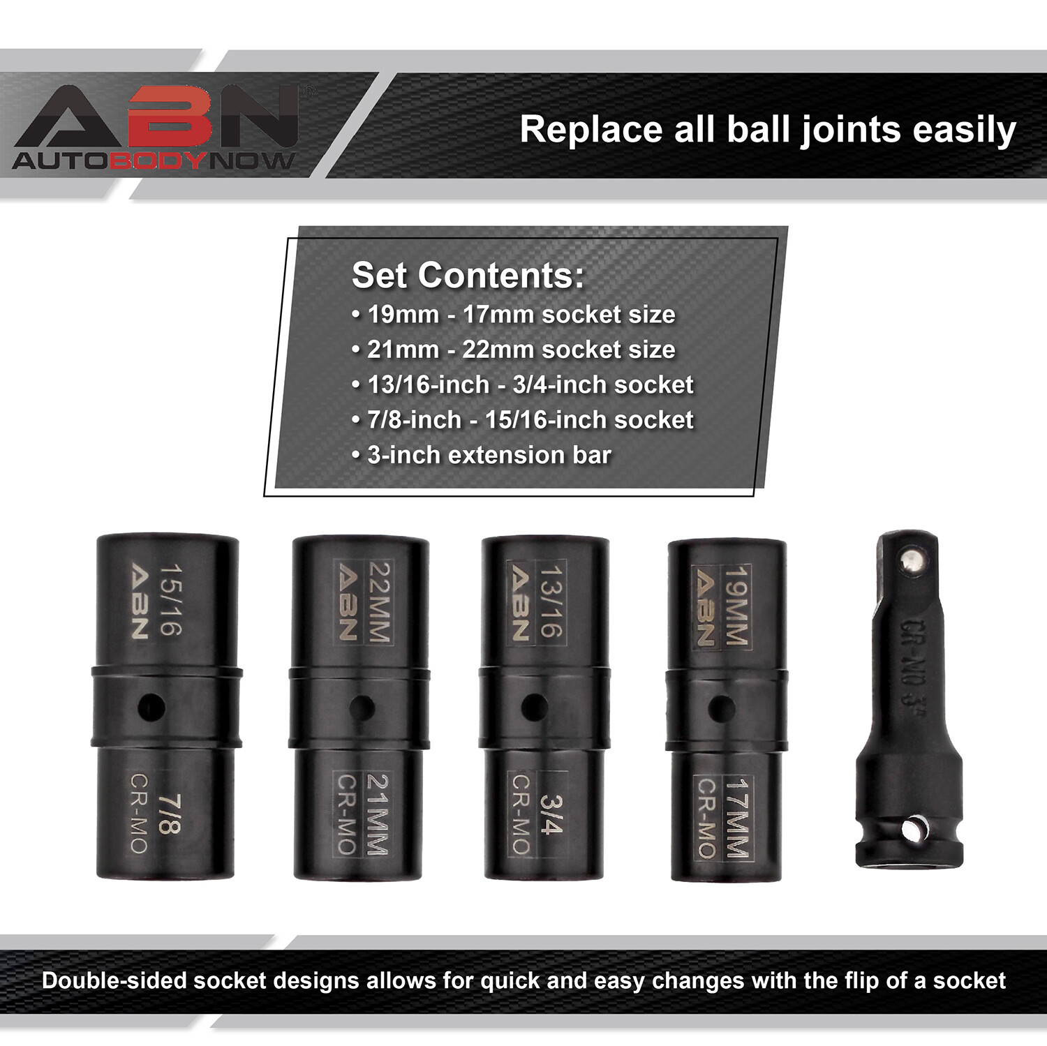 ABN Double Side Lug Nut Socket Set, 5Pc - 1/2-Inch Drive Flip Impact ...