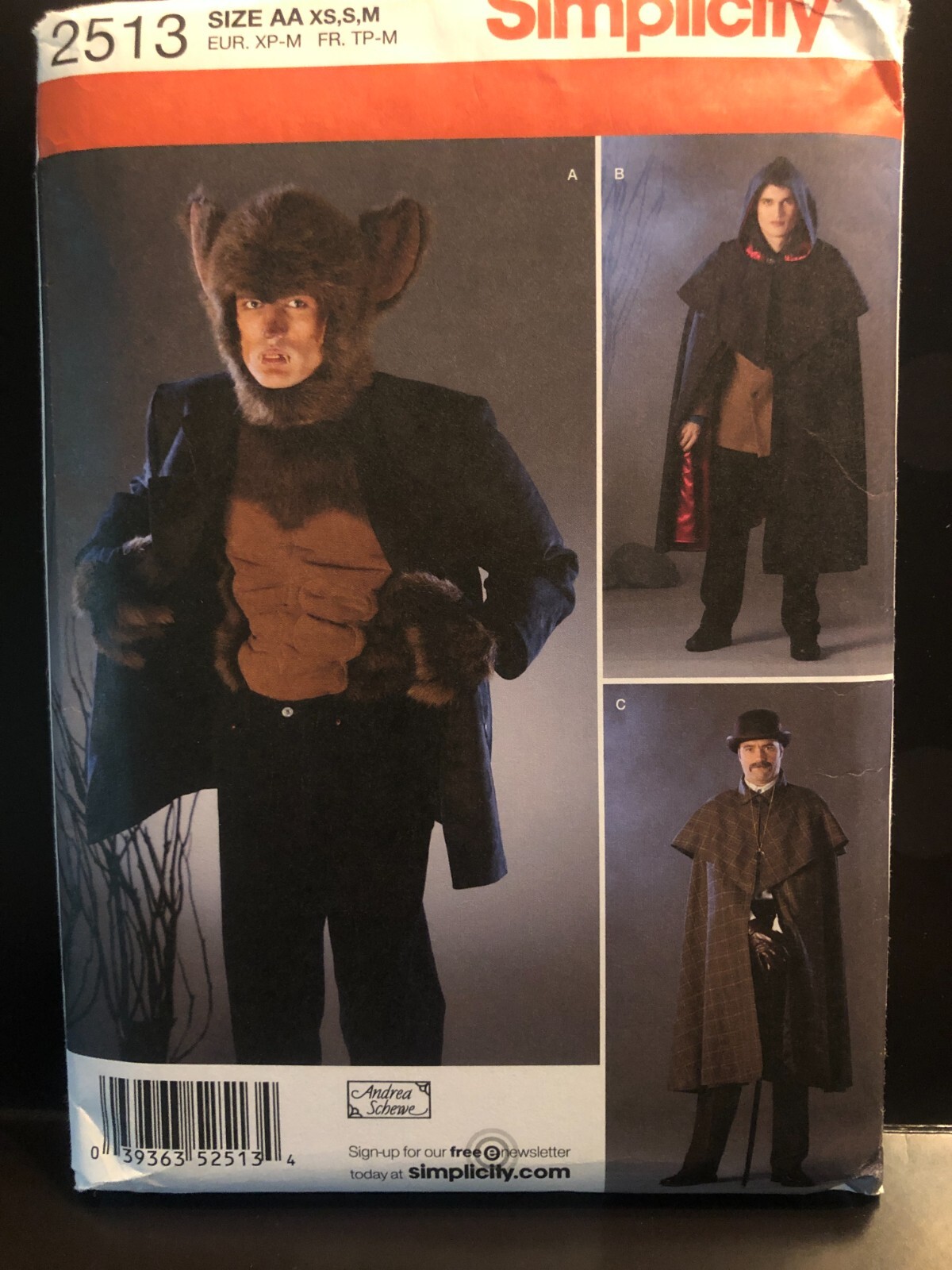 Simplicity Pattern 2513 MENS COSTUME Sz XS-M Werewolf Cloak Inspector ...