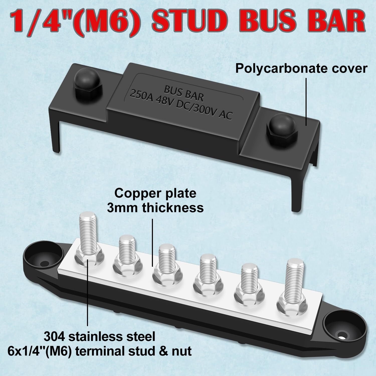 Aienxn 250A 12V Bus Bar Marine 1/4" Power Distribution Block Battery ...