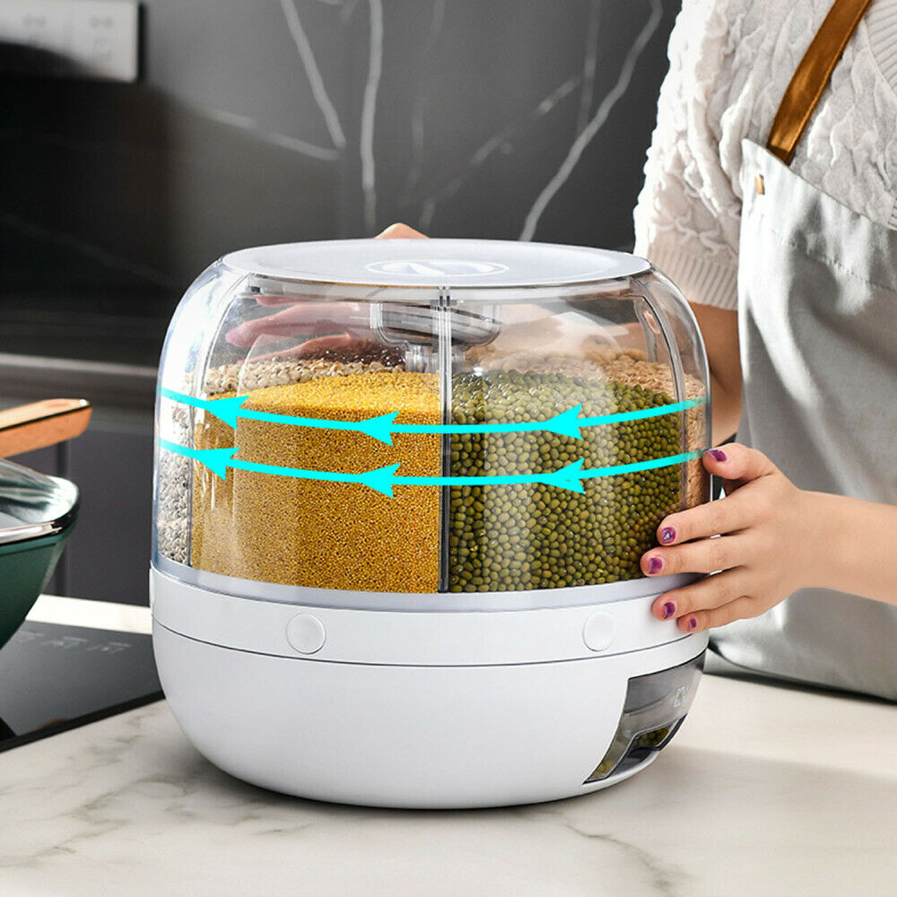 10KG 6 in 1 Rotating Dry Food Grain Rice Container Cereal Dispenser ...