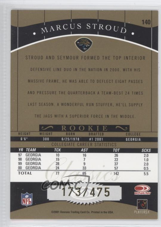 2001 Donruss Classics Rookie 173/475 Marcus Stroud #140 Rookie RC 0j0 ...