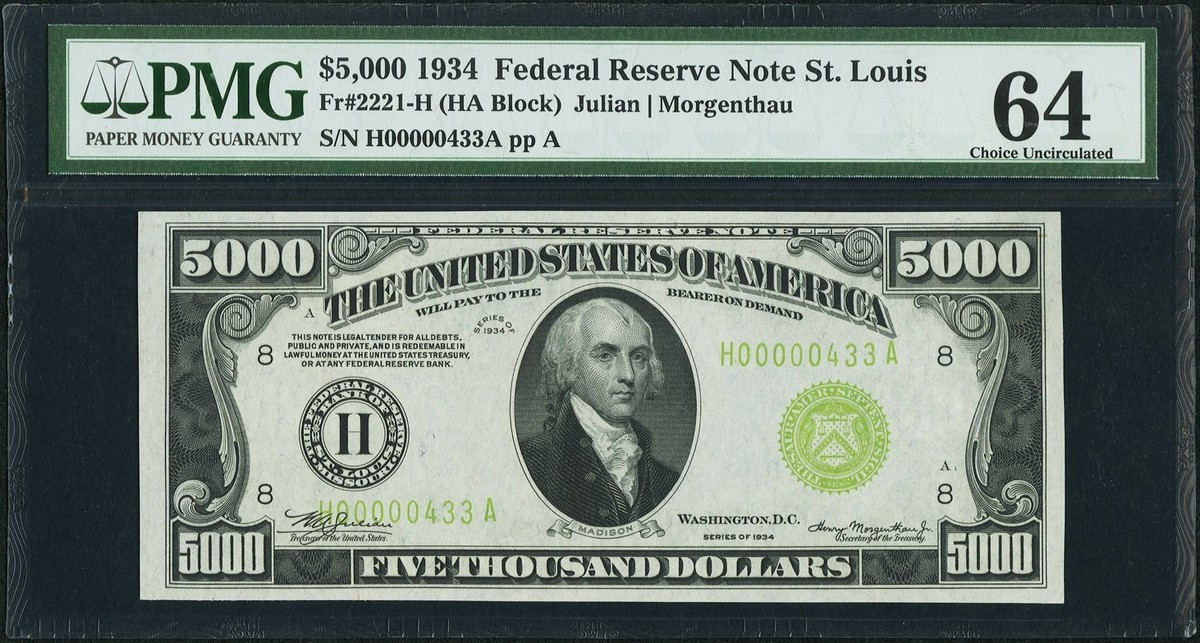 1934 5000 Dollar Bill U.S. "high Denomination" Prints 1928 To 1934