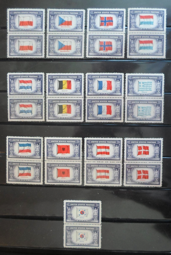 1943-44 Overrun Countries Cat # 909-921 Thirteen Pairs of 5 Cent Stamps ...