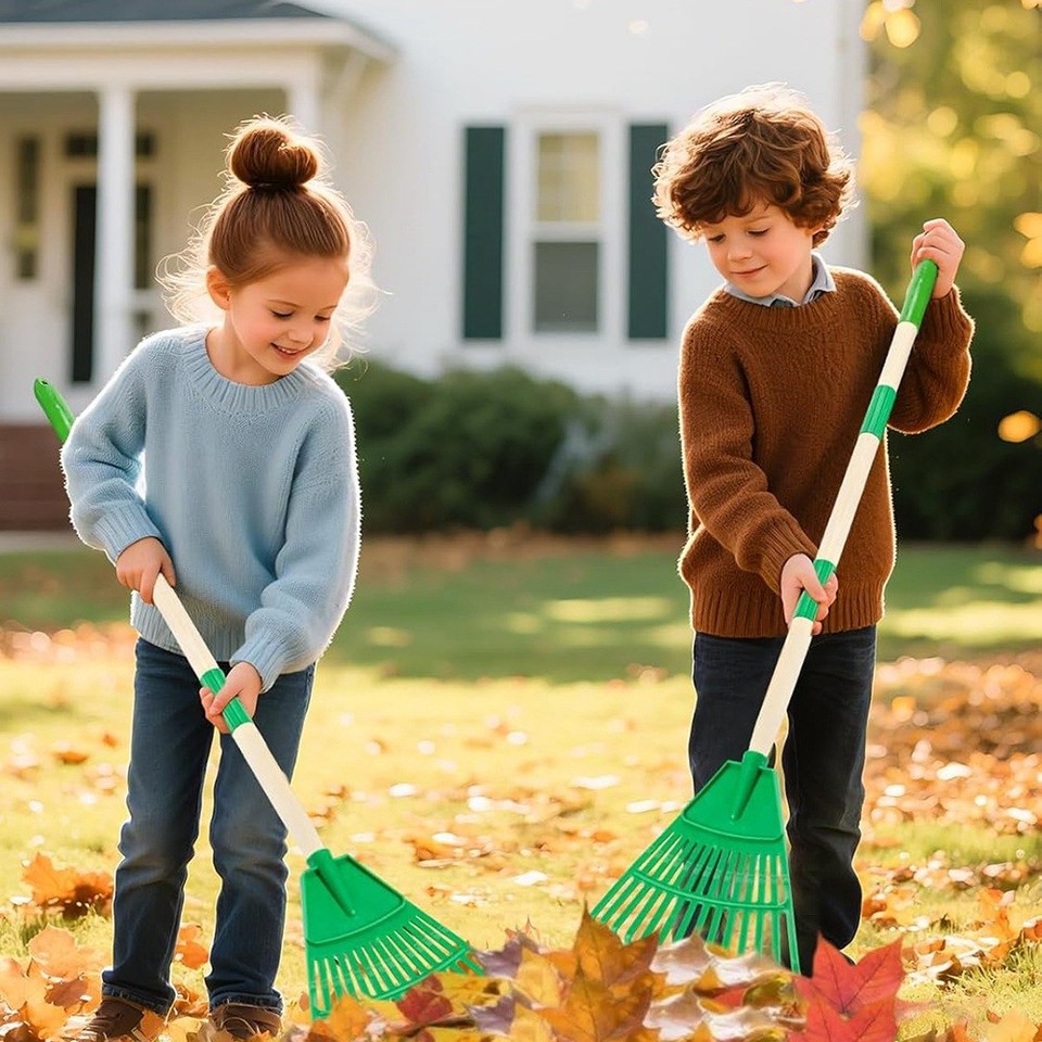 2 Pcs Kids Rakes with Wood Handle - 34inch Light Plastic Garden Rake ...