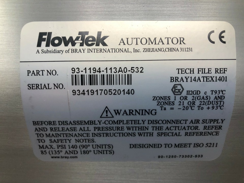 FlowTek Bray 93-1194-113A0-532 Automator + F15 2-150 CF8M Valve + Valve ...