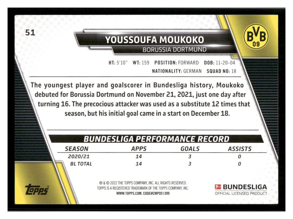 2021-22 Topps Bundesliga #28 Youssoufa Moukoko Borussia Dortmund 34458 ...