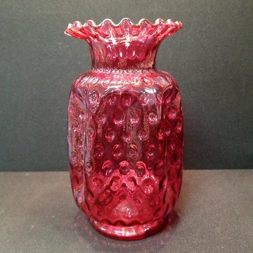 Vintage Cranberry Art Glass Vase Optic Dot Ruffled Rim Indented Body 8 ...