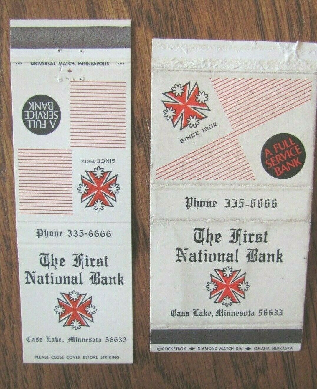 CASS LAKE, MINNESOTA: FIRST NATIONAL BANK (2 DIFFERENT MATCHBOOK ...