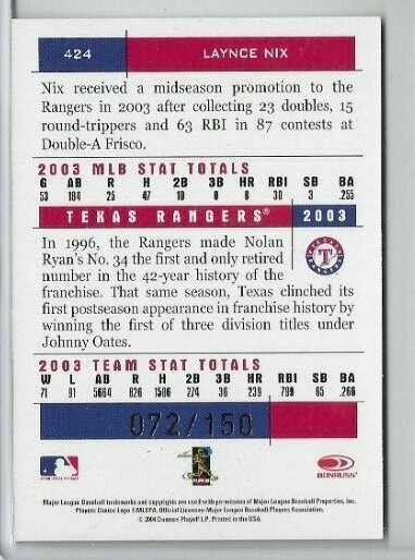2004 Donruss Team Heroes Showdown Bronze #424 Laynce Nix Texas Rangers ...