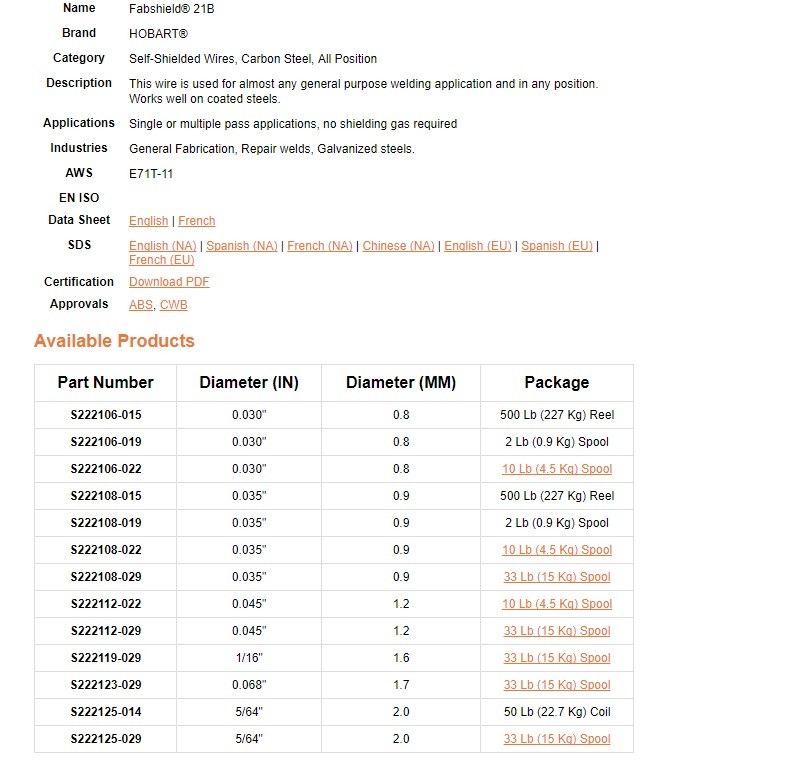 Hobart Fabshield 21B .035 x 2lb Flux Cored Wire (E71TGS035X2) | eBay