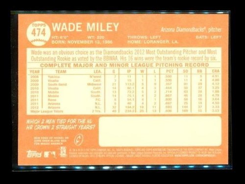 2013 TOPPS HERITAGE ROOKIE Baseball Card #474 WADE MILEY Arizona ...