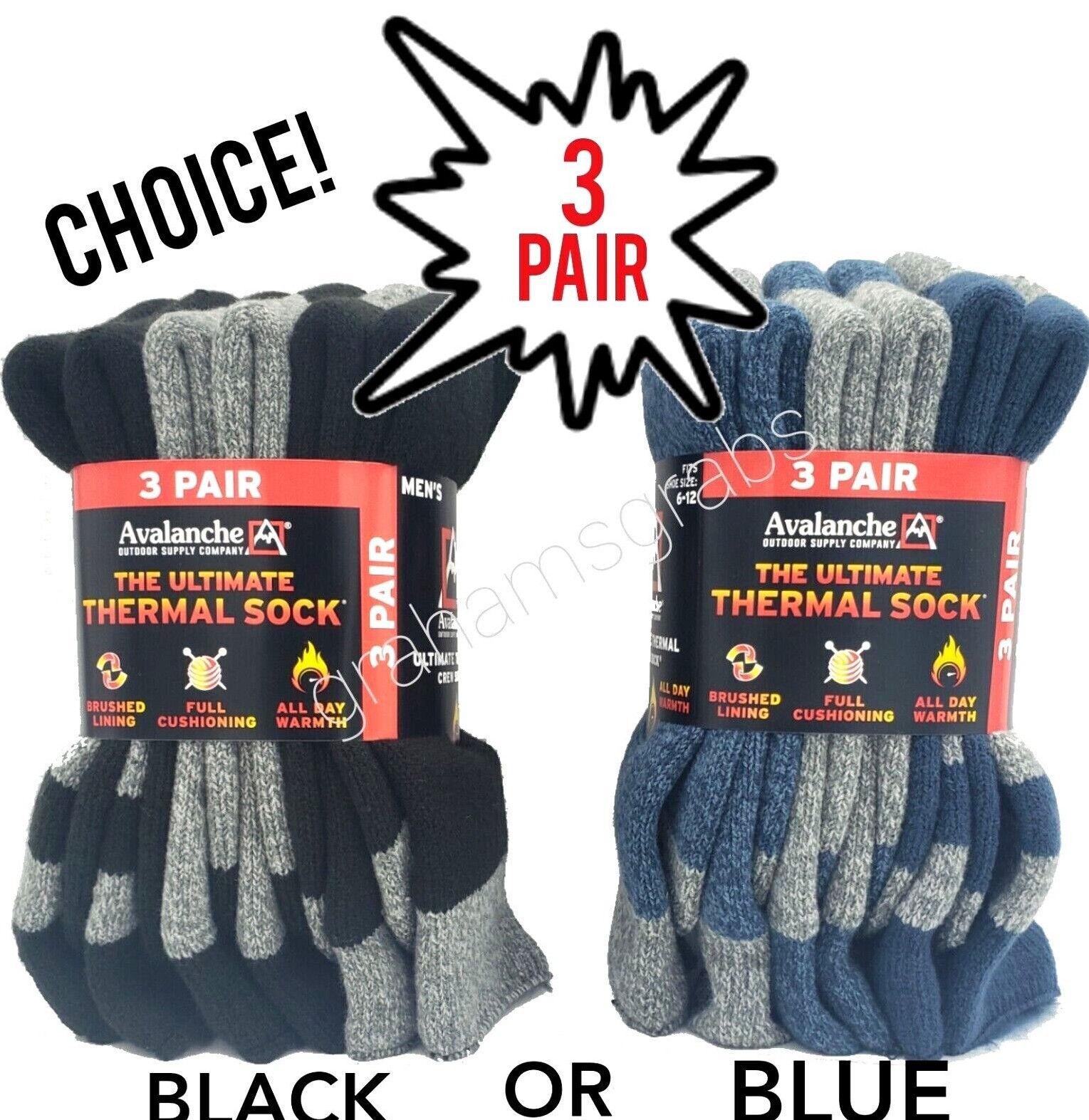 AVALANCHE ULTIMATE THERMAL CREW SOCKS MEN 6-12 SHOE SIZE 3 PAIR ALL DAY ...
