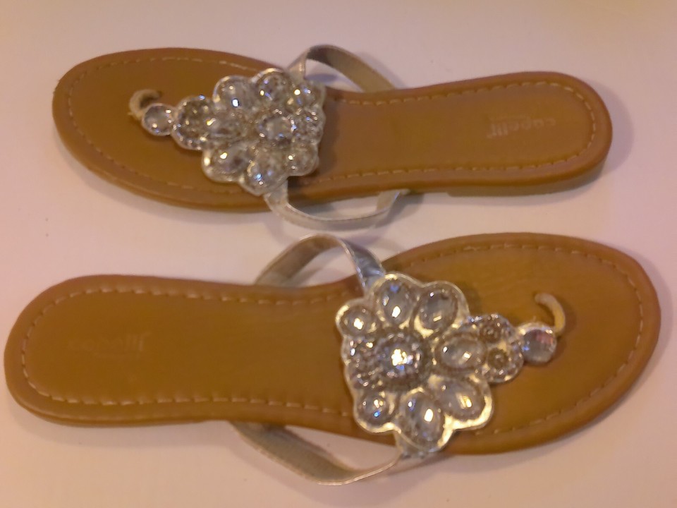 Capelli New York Silver Rhinestone Flats Thong Flip Flops Women's Size ...