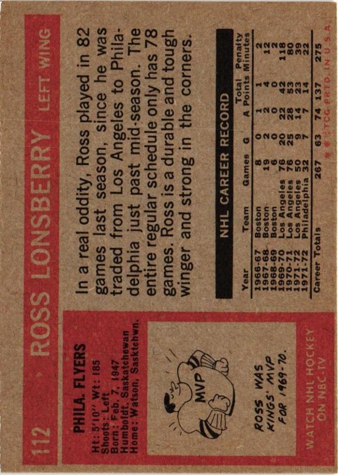 ROSS LONSBERRY 1973-74 Topps Hockey #112 FREE SHIP 50% OFF SALE ...
