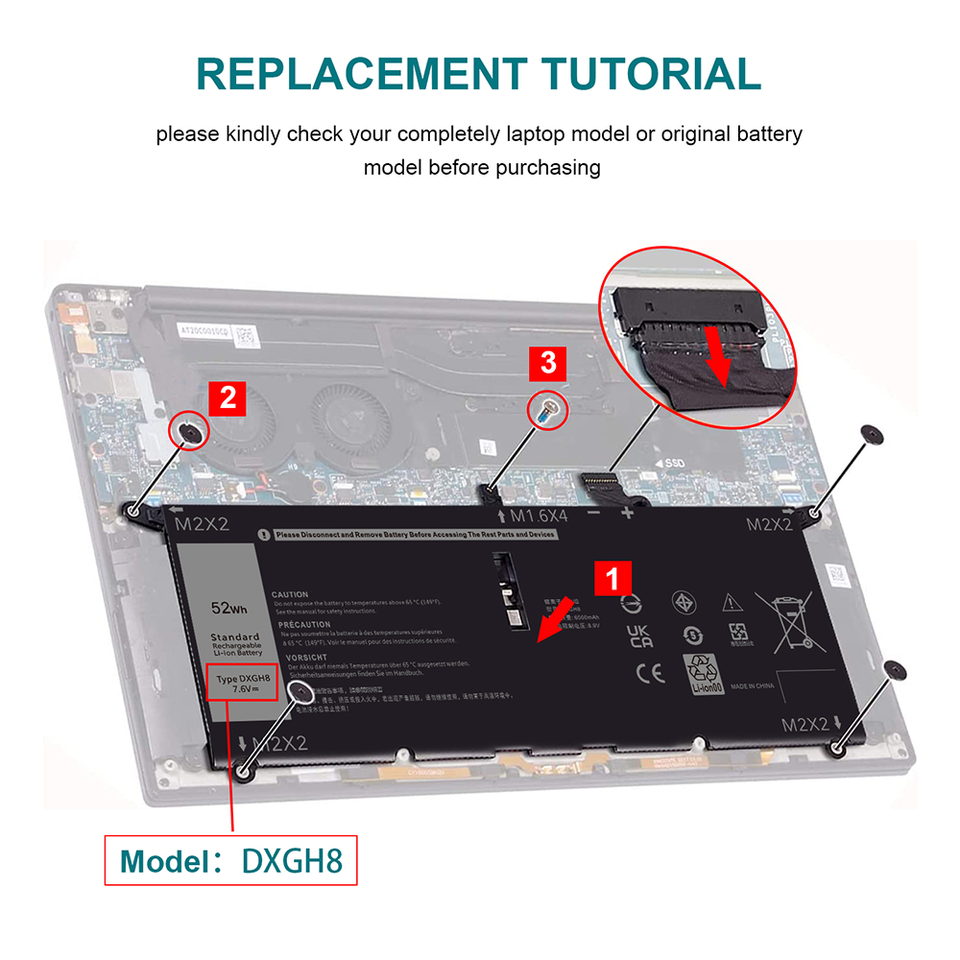 DXGH8 Battery For Dell XPS 13-5390 9370 9380 G8VCF H754V P82G002 52WH 7 ...
