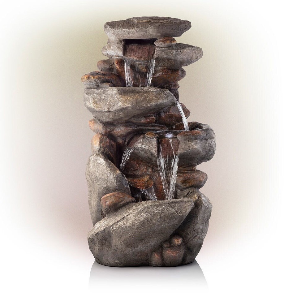 Rock Water Fountain 4Tier LED Lights Zen Garden Waterfall Stone Decor ...